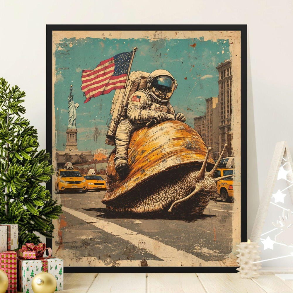 Space Astronaut Riding Snail Art Poster, Unique Wall Decor, Surreal ...