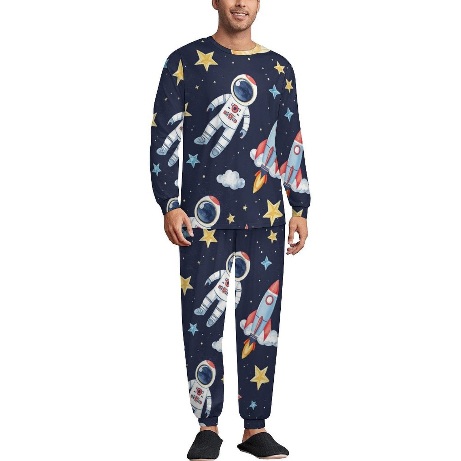 Space Astronauts Rockets Pajamas Men Home Suit Winter Long Sleeve 2 ...