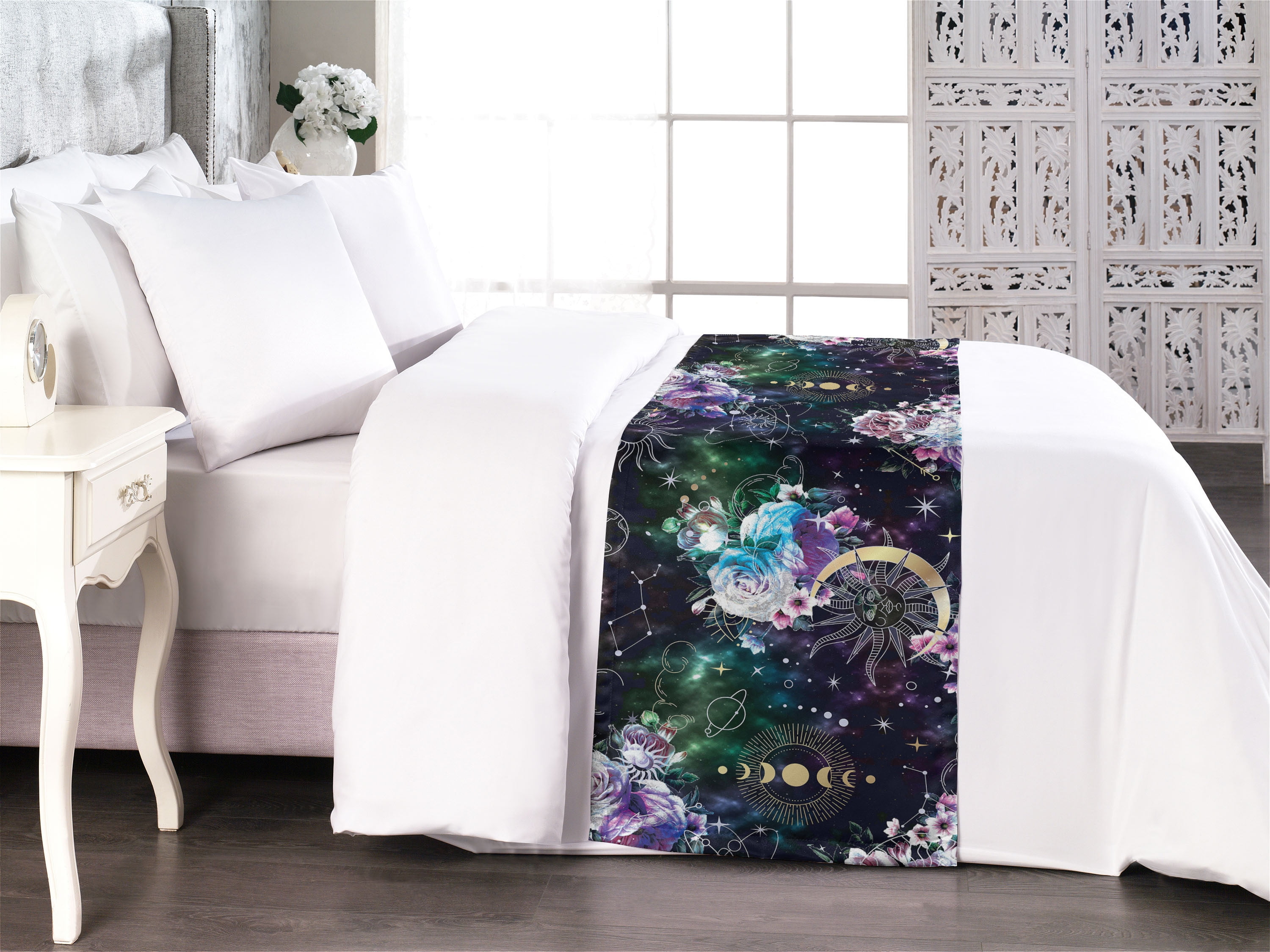 Space Bed Runner, Sun and Moon Universe Bohemian Galaxy Flowers ...