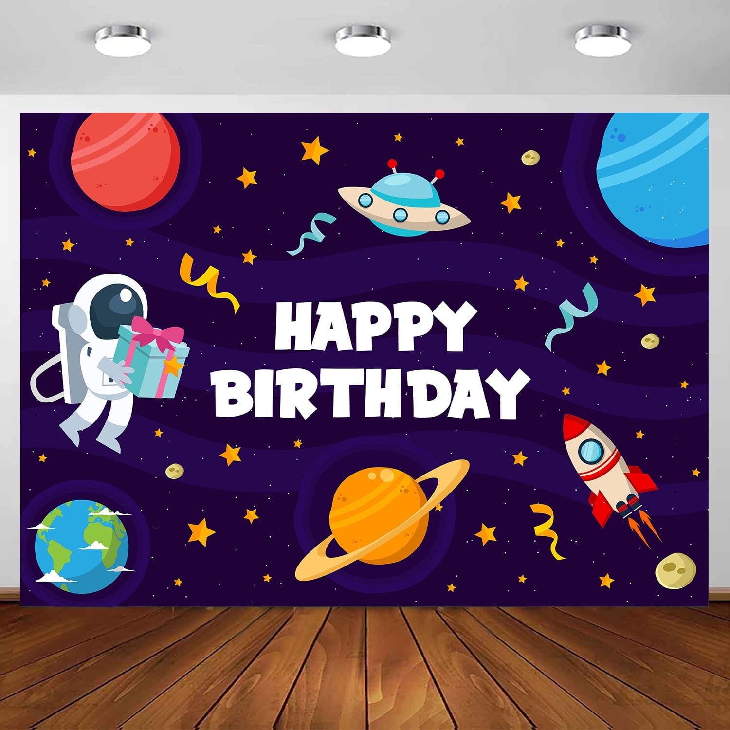 Space Birthday Backdrop 5 x 3 ft , Cartoon Astronaut Outer Space Theme ...