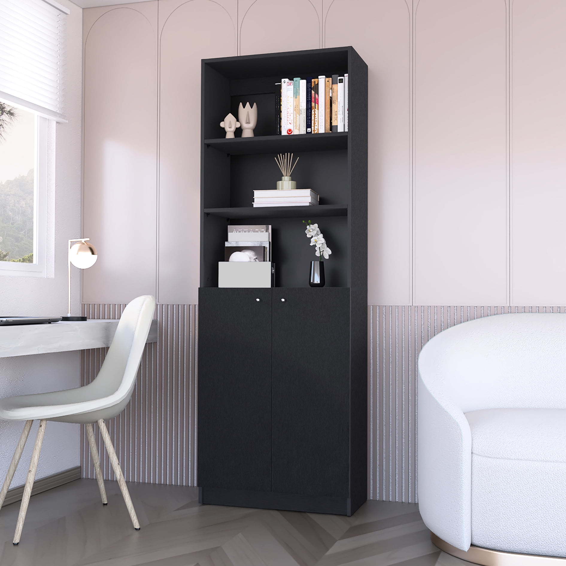Space Bookcase With Double Doors And Multi-level Black Shelving ...