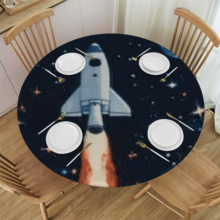 Space Cartoon Astronaut Spaceship Rocket Round Fitted Table Cloth with ...