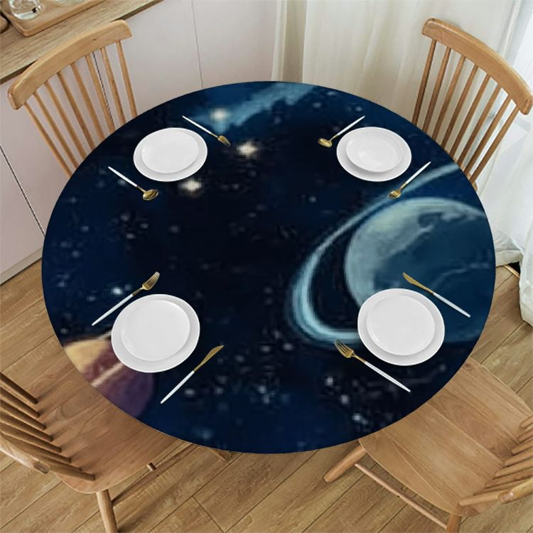 Space Cartoon Astronaut Spaceship Rocket Round Fitted Table Cloth with ...