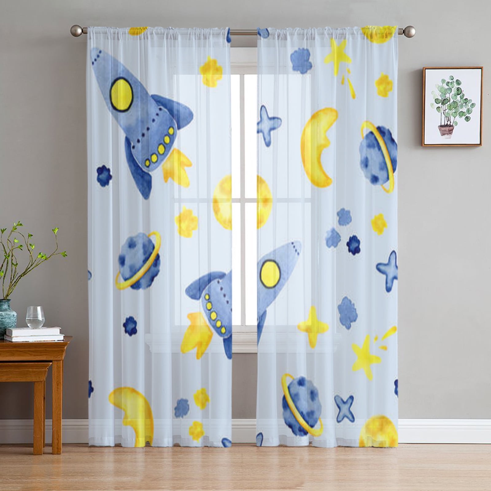 Space Cartoon Rocket Moon Stars Sheer Curtains for Living Room Tulle ...