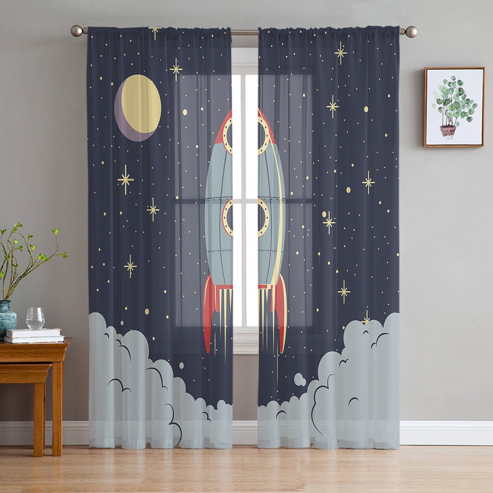 Space Cartoon Rocket Moon Stars Sheer Curtains for Living Room Tulle ...