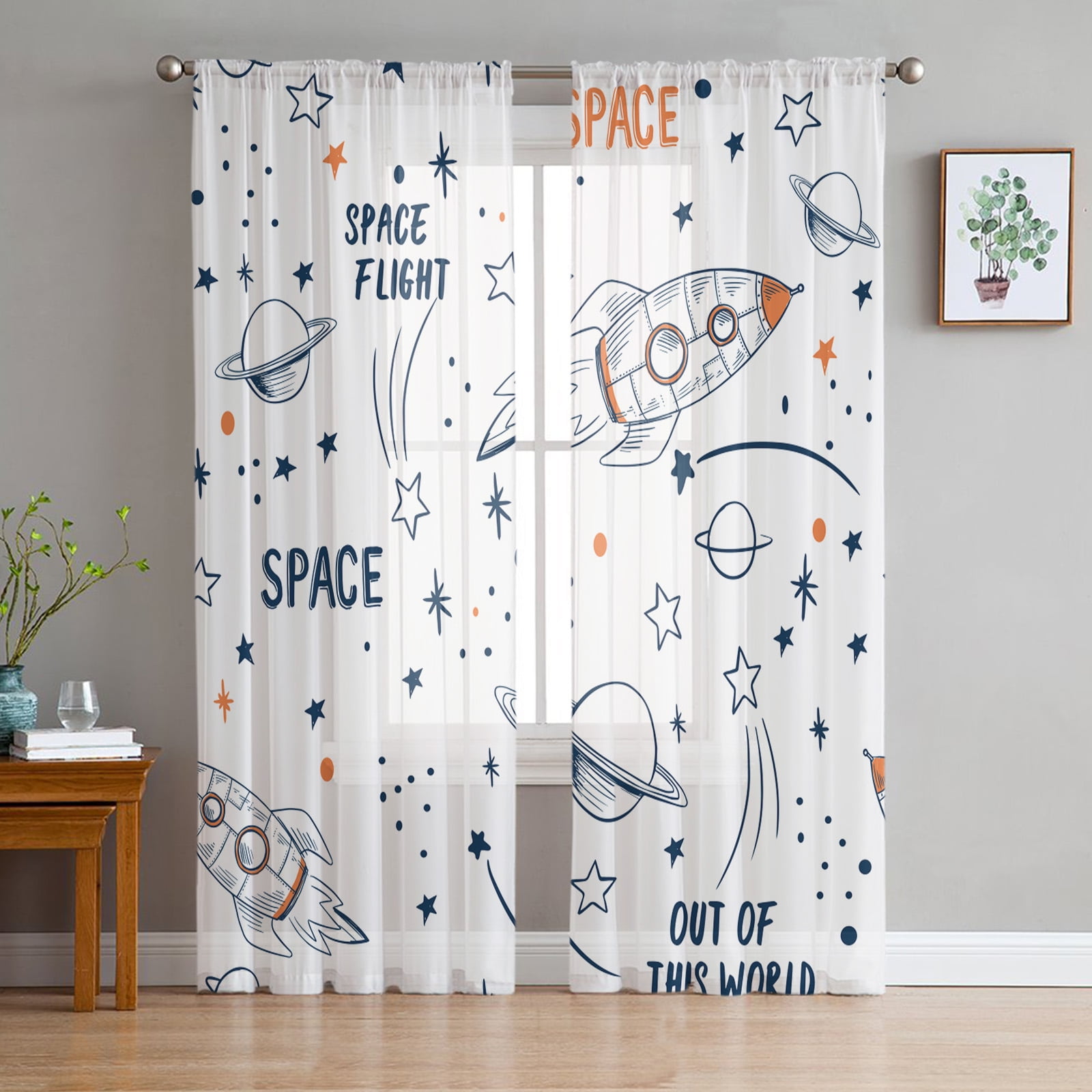 Space Cartoon Rocket Moon Stars Sheer Curtains for Living Room Tulle ...