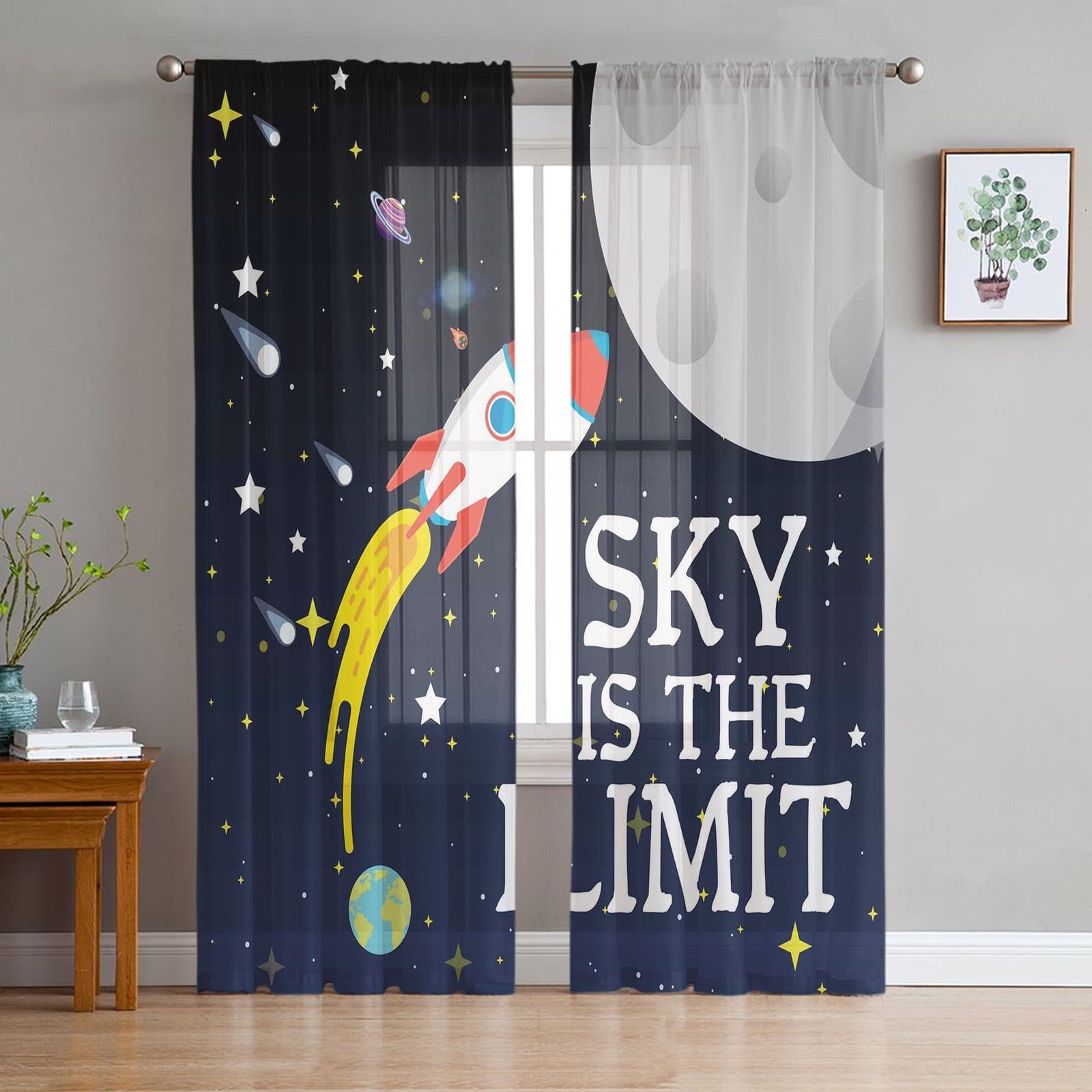 Space Cartoon Rocket Moon Stars Sheer Curtains for Living Room Tulle ...