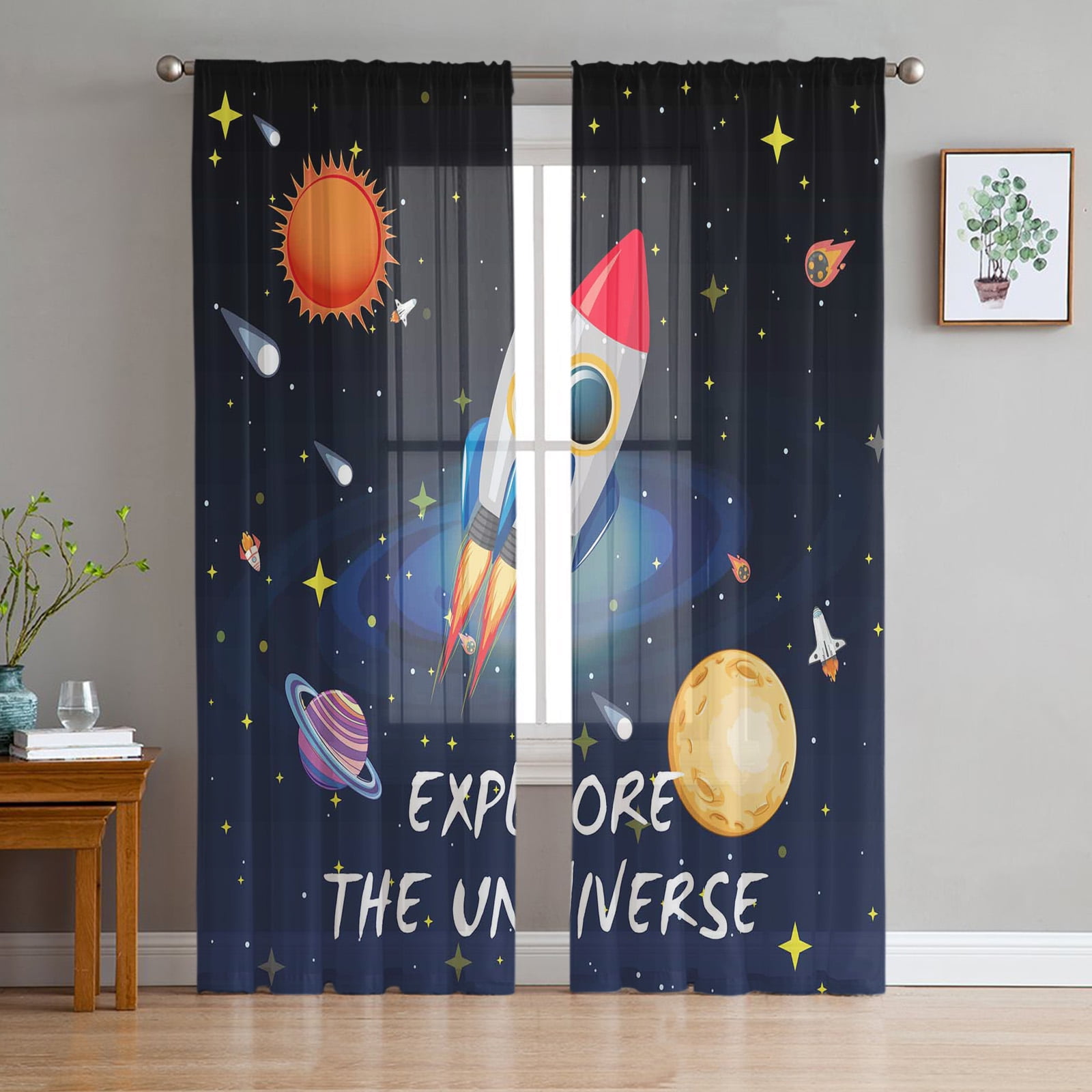 Space Cartoon Rocket Moon Stars Sheer Curtains for Living Room Tulle ...