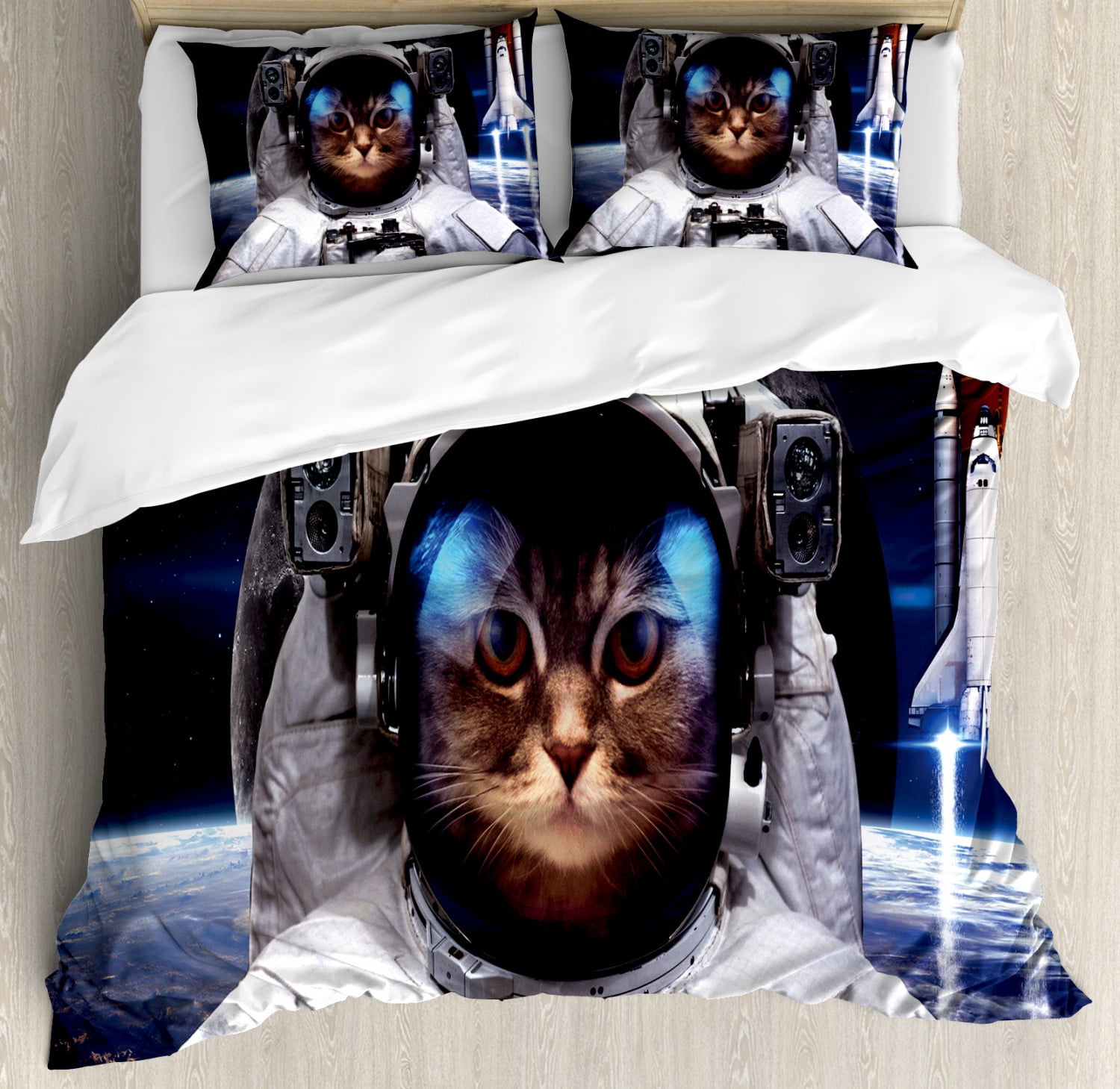 Space Cat Duvet Cover Set King Size, Cat in Cosmonaut Outer Space ...