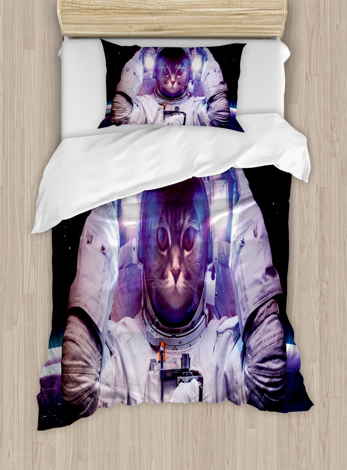 Space Cat Duvet Cover Set, Kitty in Cosmonaut Suit in Galaxy Stars ...