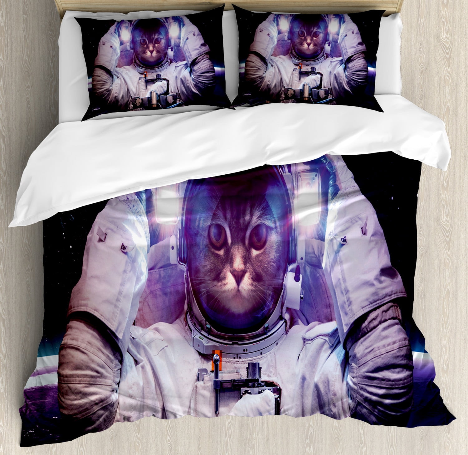 Space Cat Duvet Cover Set, Kitty in Cosmonaut Suit in Galaxy Stars ...