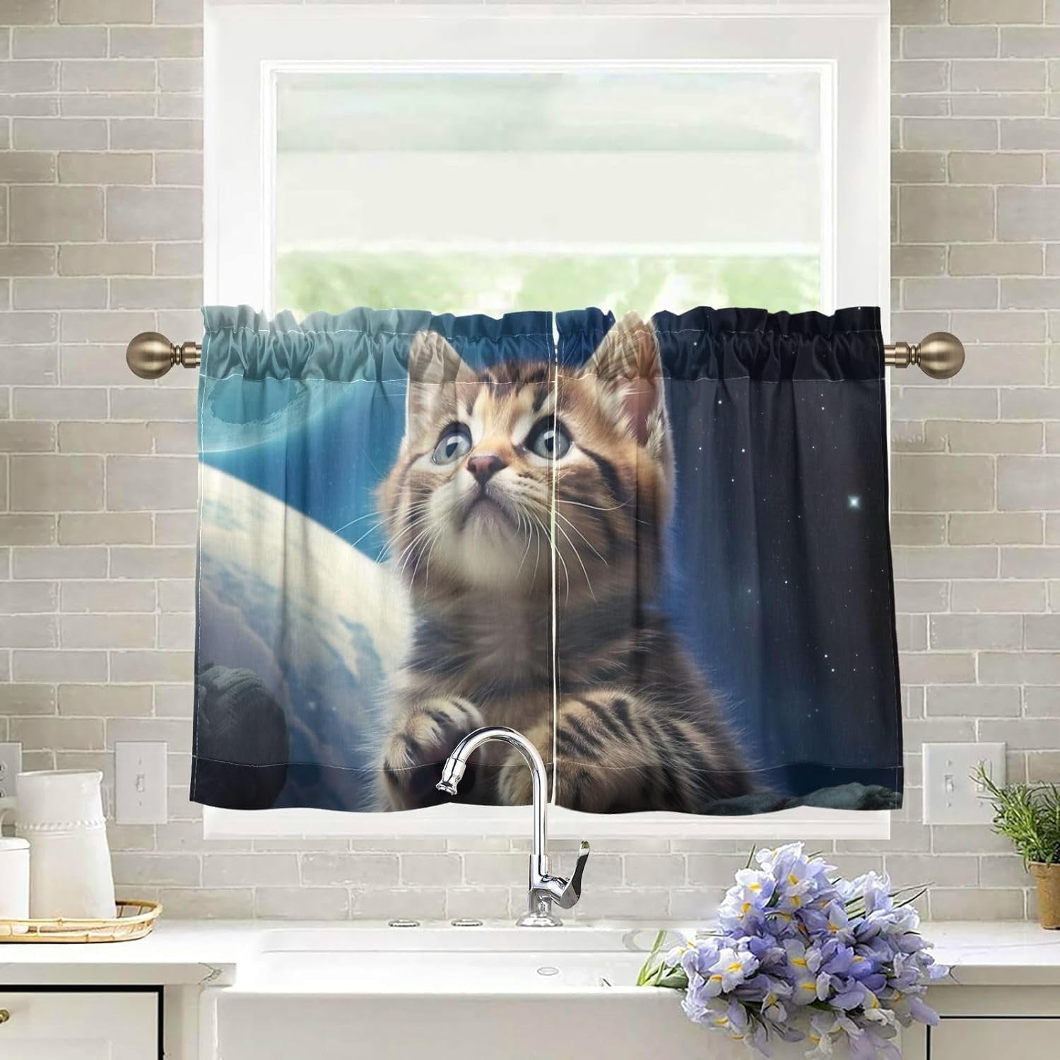 Space Cat Kitchen Curtains 24 Inch Length Blackout Thermal Insulating ...