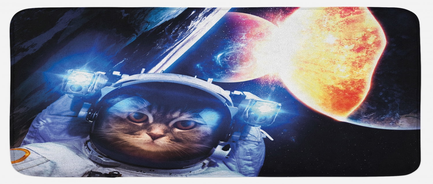 Space Cat Kitchen Mat, Kitten in Suit Planets Nebula Supernova Eclipse ...