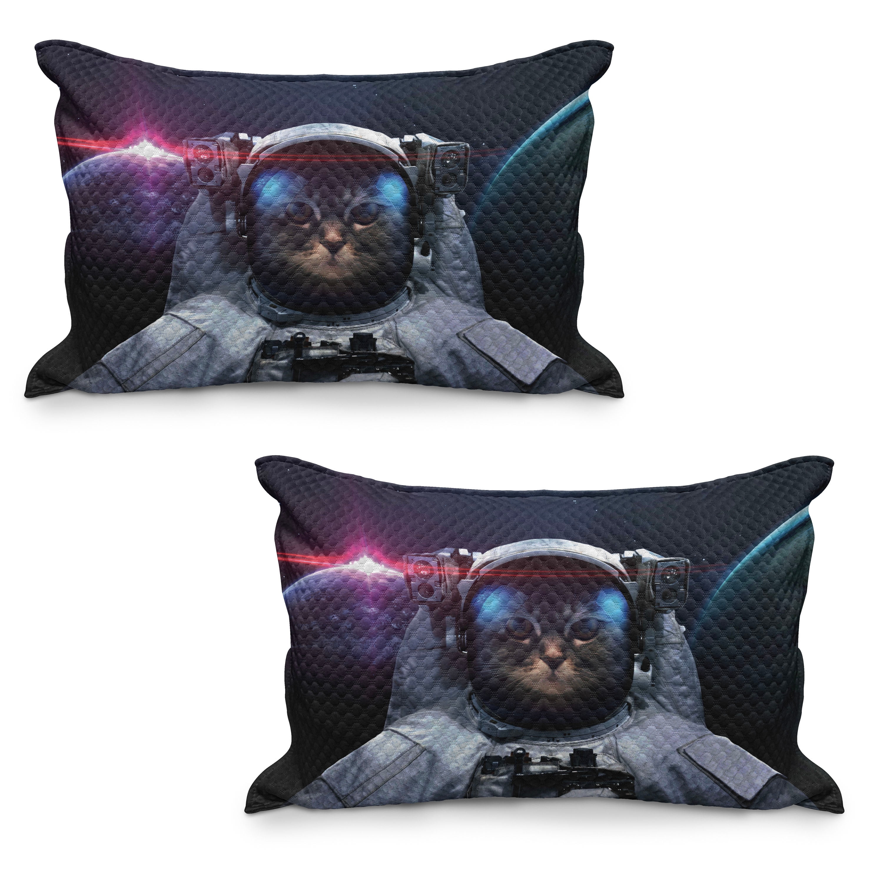 Space Cat Quilted Pillowcover Set of 2, Cosmonaut Kitty in Galaxy Cosmos Nebula Stars with ...