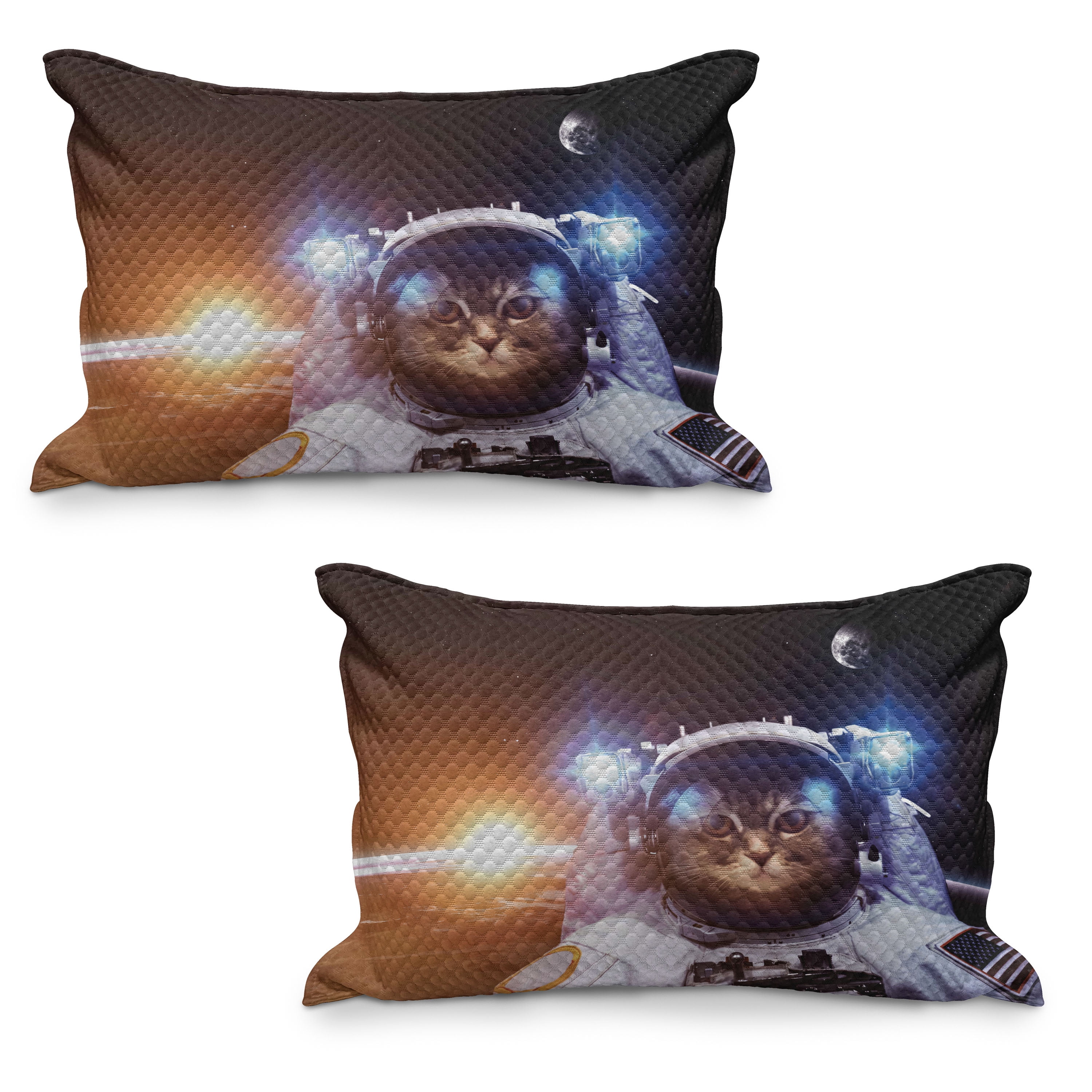 Space Cat Quilted Pillowcover Set of 2, Kitten in Space Suit Sun Lunar ...