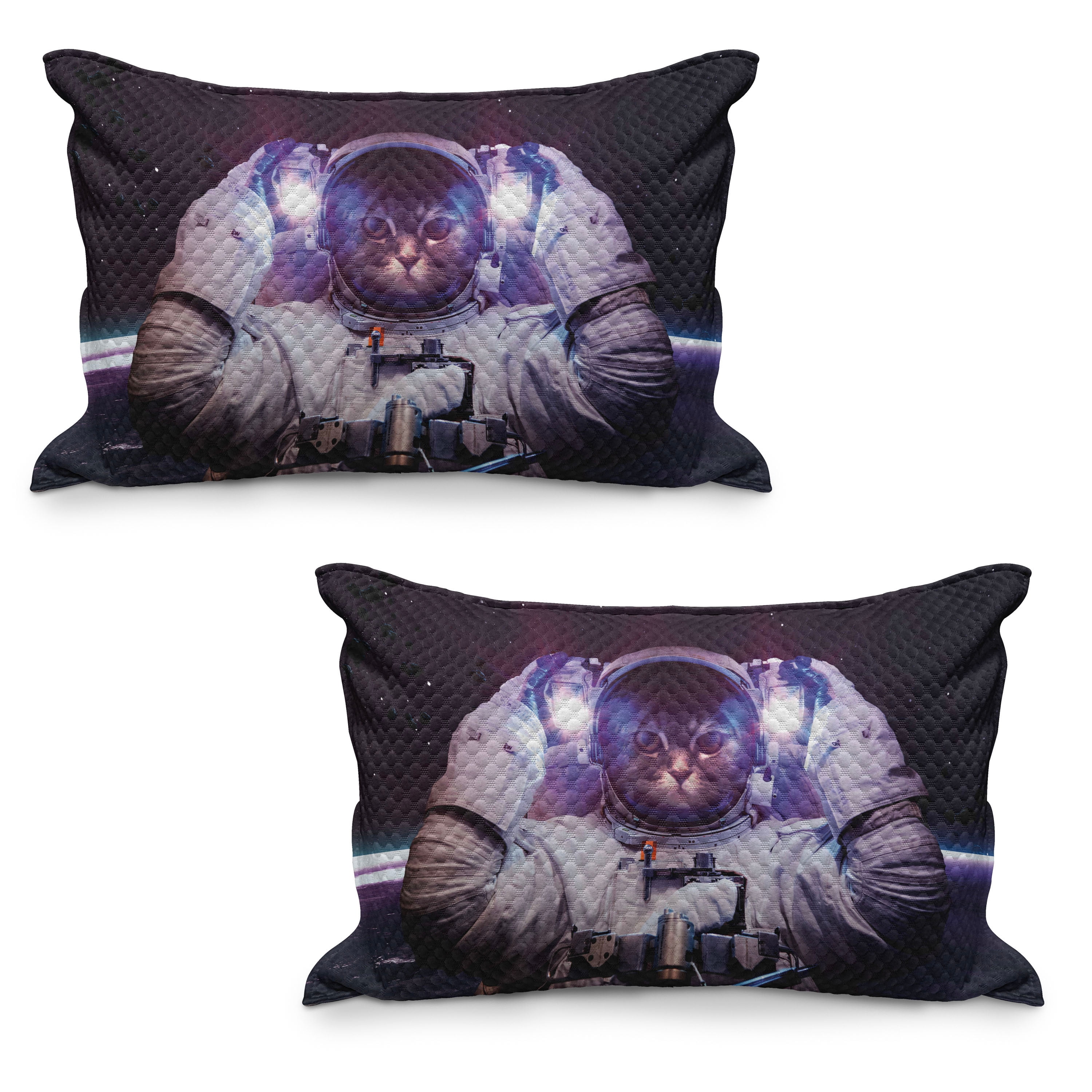 Space Cat Quilted Pillowcover Set of 2, Kitty in Cosmonaut Suit in ...