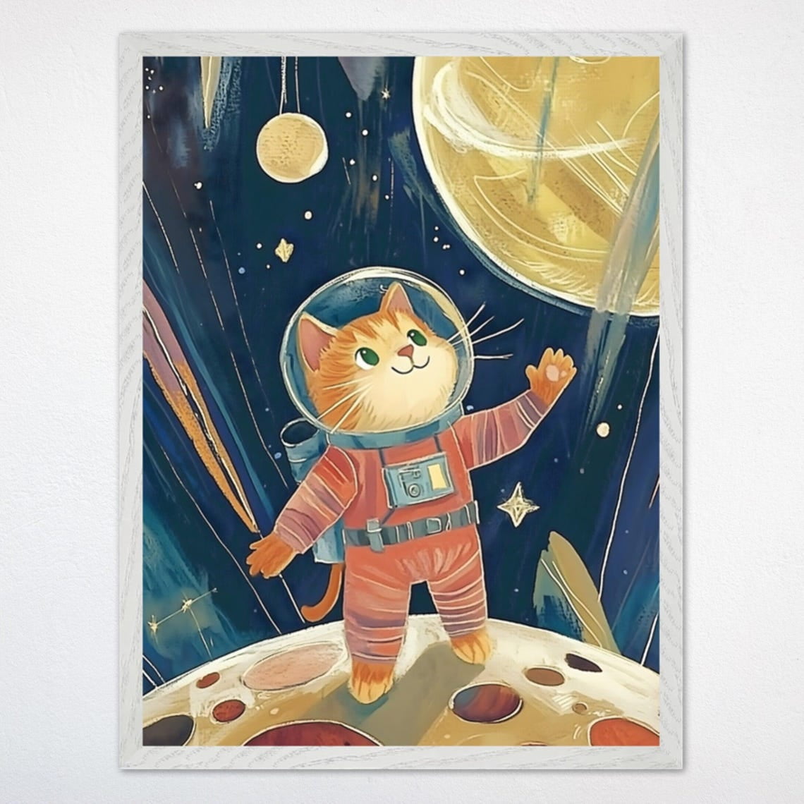 Space Cat Wall Art, Whimsical Astronaut Cat For Nursery, Cosmic Kids Room Decor, Framed Space ...