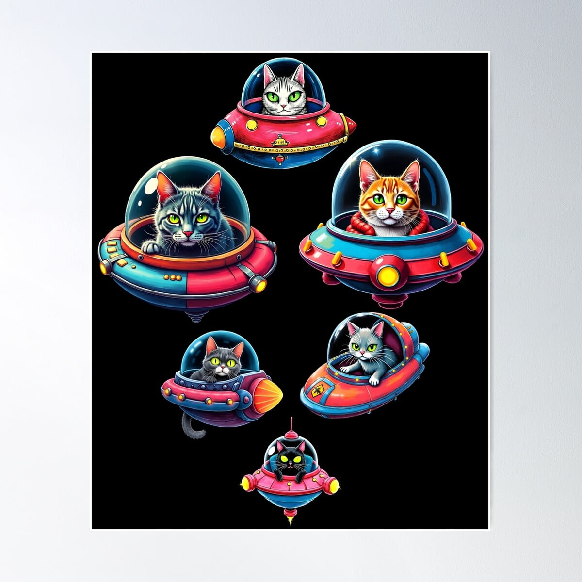 Space Cats In Ufo Pods Cartoon Illustration Collection, Ufo Cat Poster ...