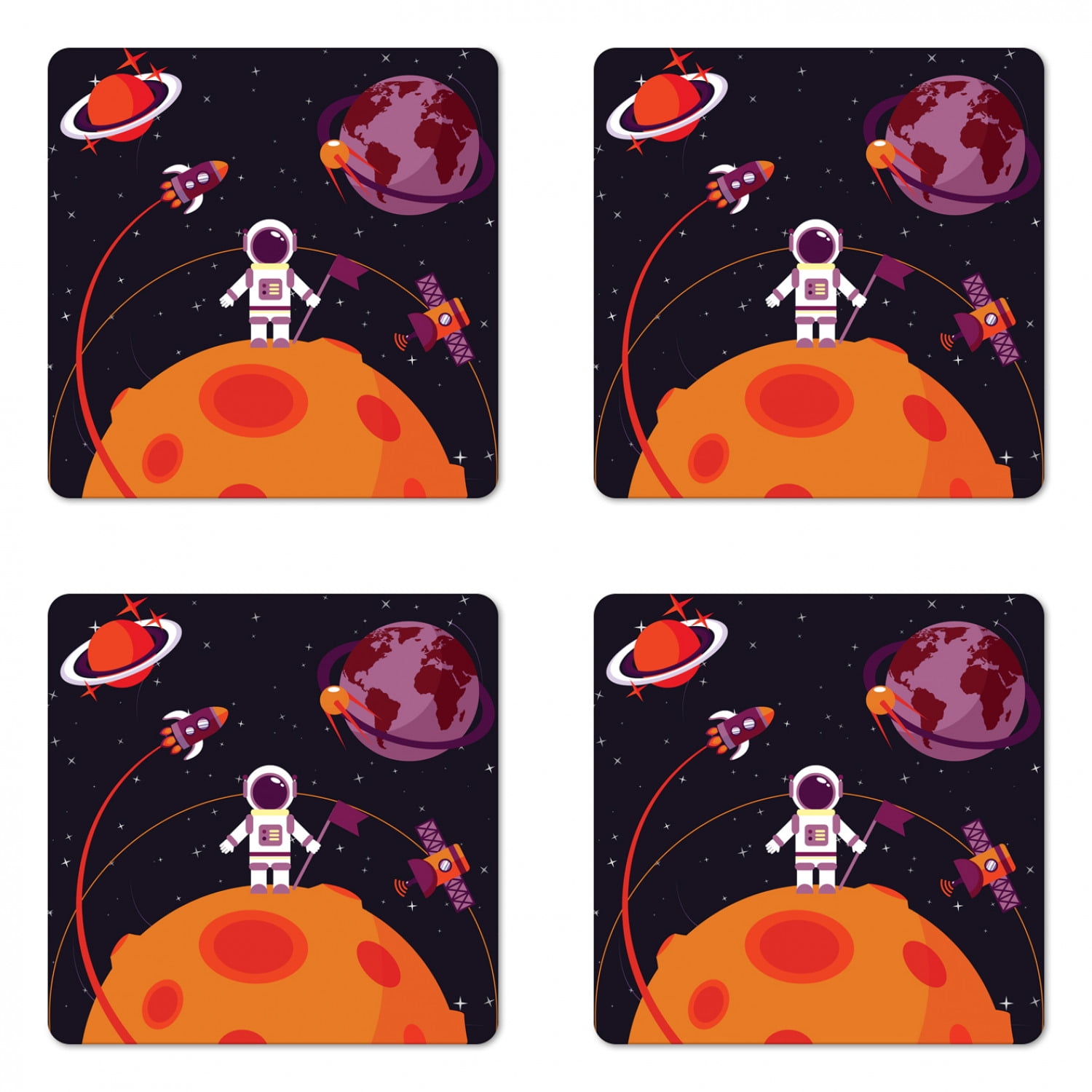 Space Coaster Set of 4, Astronaut on the Moon and Rocket Satellites on ...