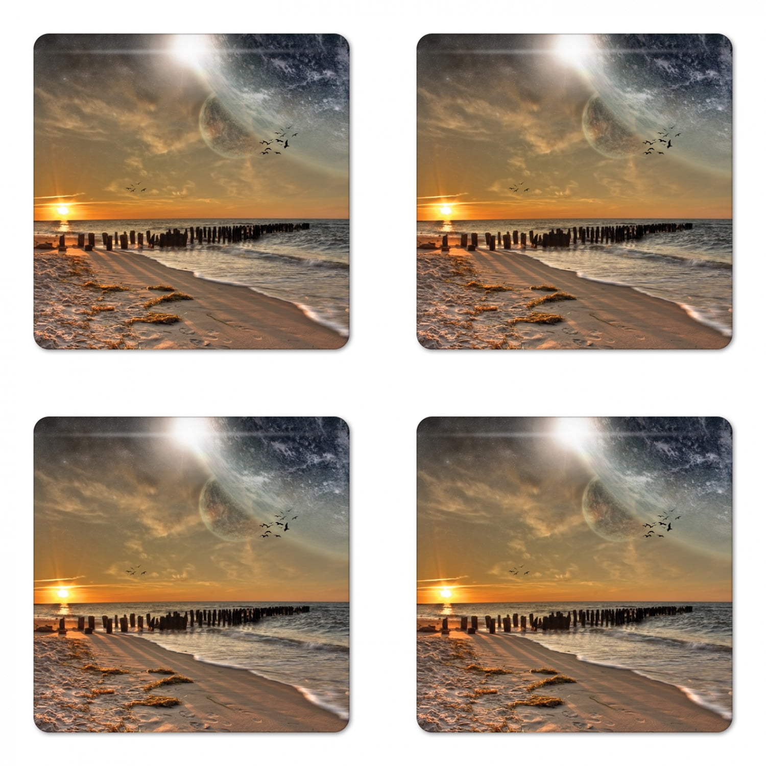 Space Coaster Set of 4, Solar Eclipse on Beach Ocean with Horizon Sun ...