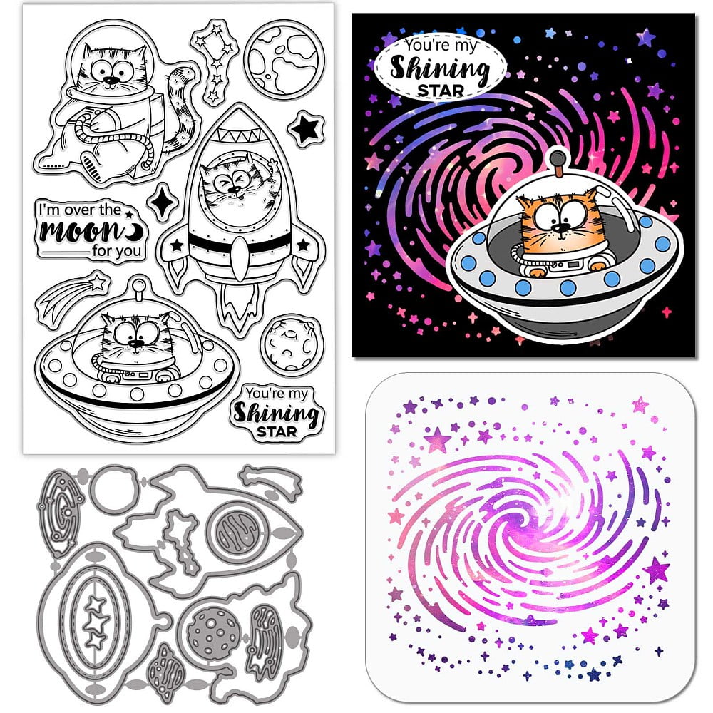 Space Comic Cats Clear Silicone Stamp Metal Cartoon Cat Rockets Cutting ...
