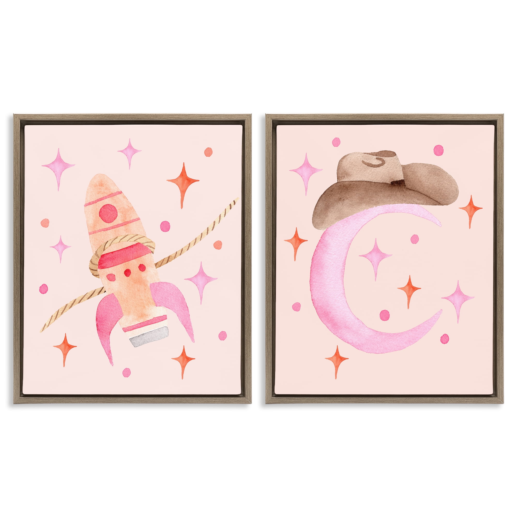 Space Cowgirl Rocket Ship 2 Piece Brown Framed Floater Canvas Set ...