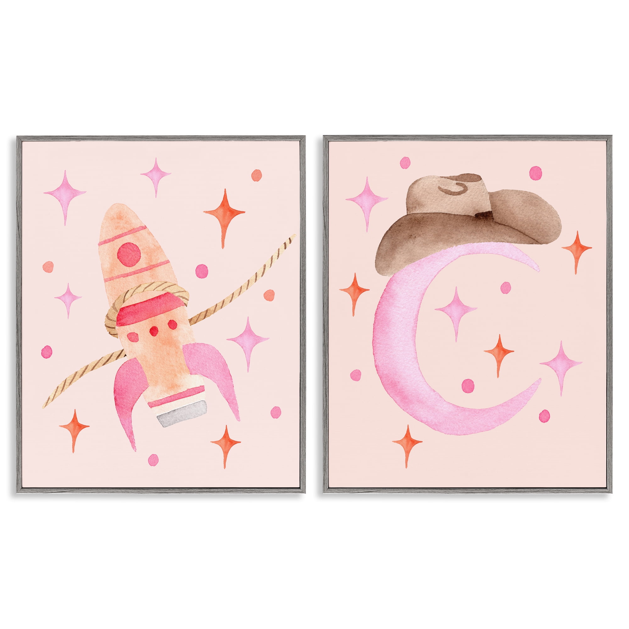 Space Cowgirl Rocket Ship 2 Piece Gray Framed Giclee Art Set, design by ...
