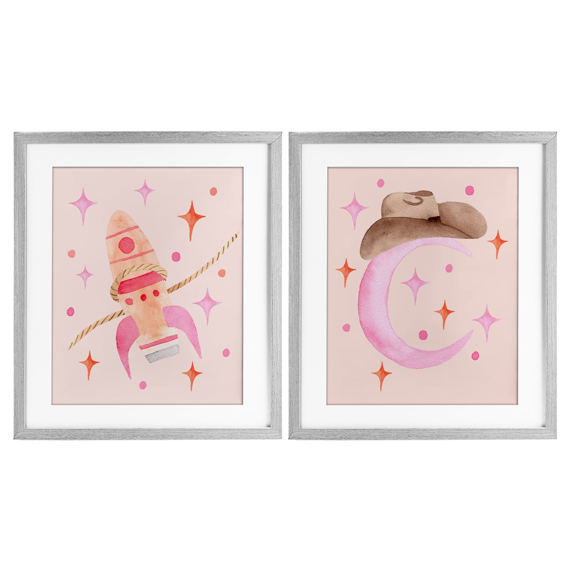 Space Cowgirl Rocket Ship 2 Piece Gray Framed Print Under Glass Set ...