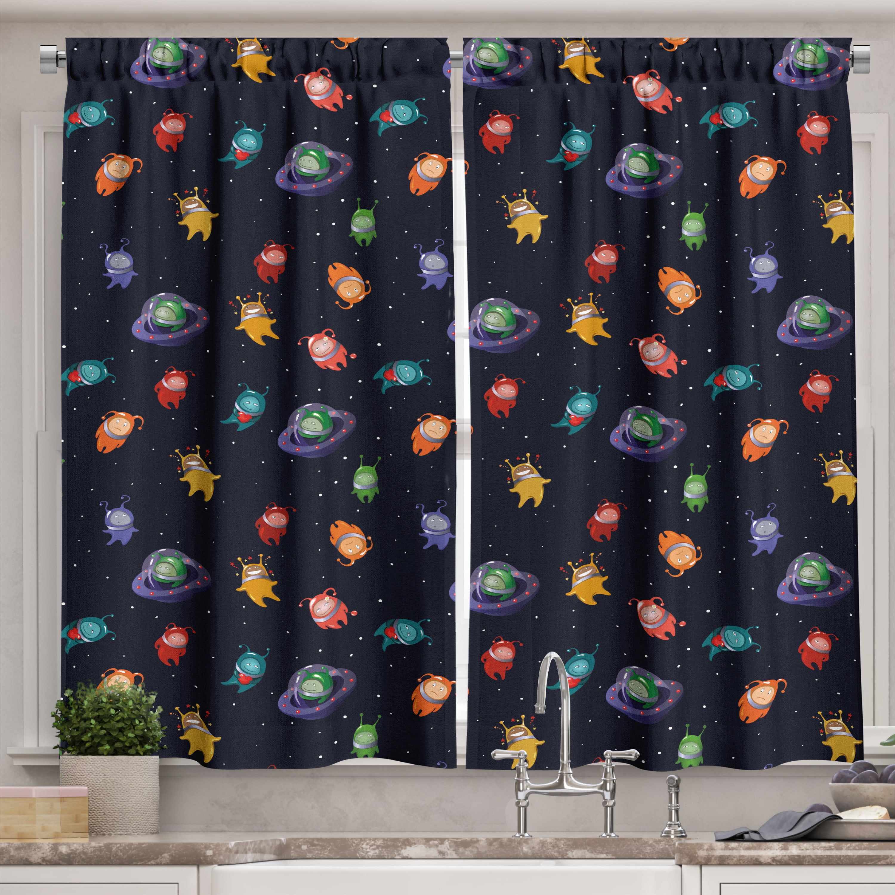 Space Curtains 2 Panels Set, Aliens with Various Expressions Happy Sad ...