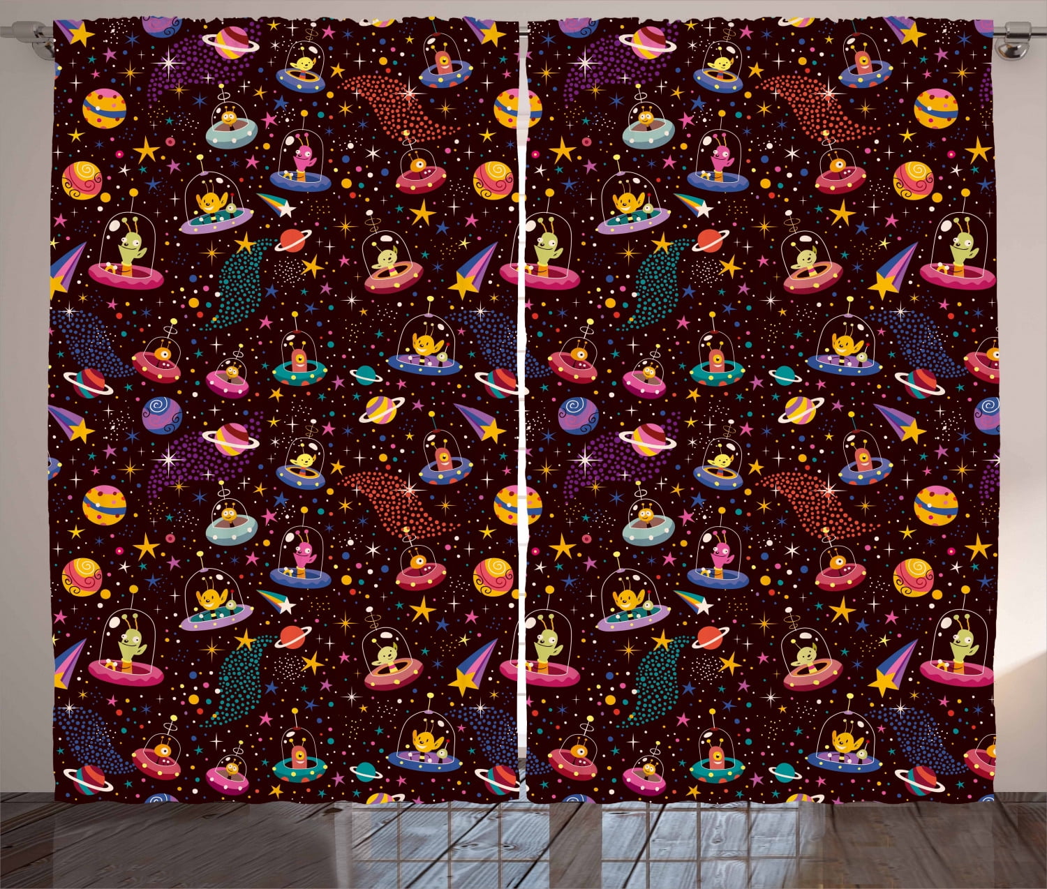 Ambesonne Space Curtains 2 Panel Set, Alien Planets and UFOs, 108" x ...