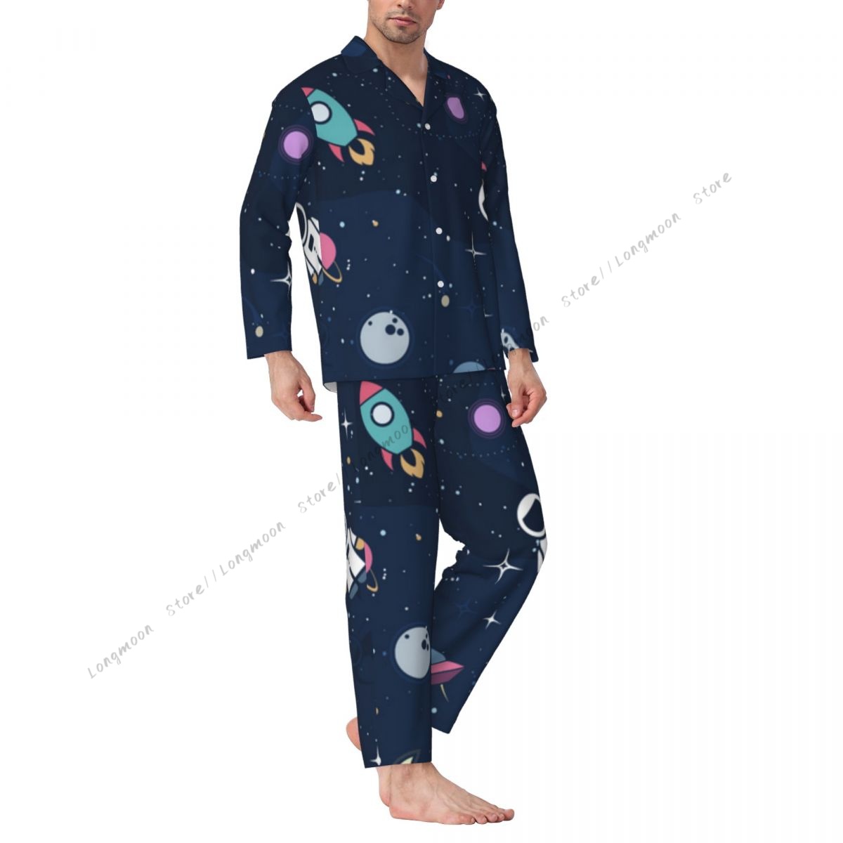 Space Cute Astronaut Spaceship Rocket Men Pajamas Long Sleeve Male ...