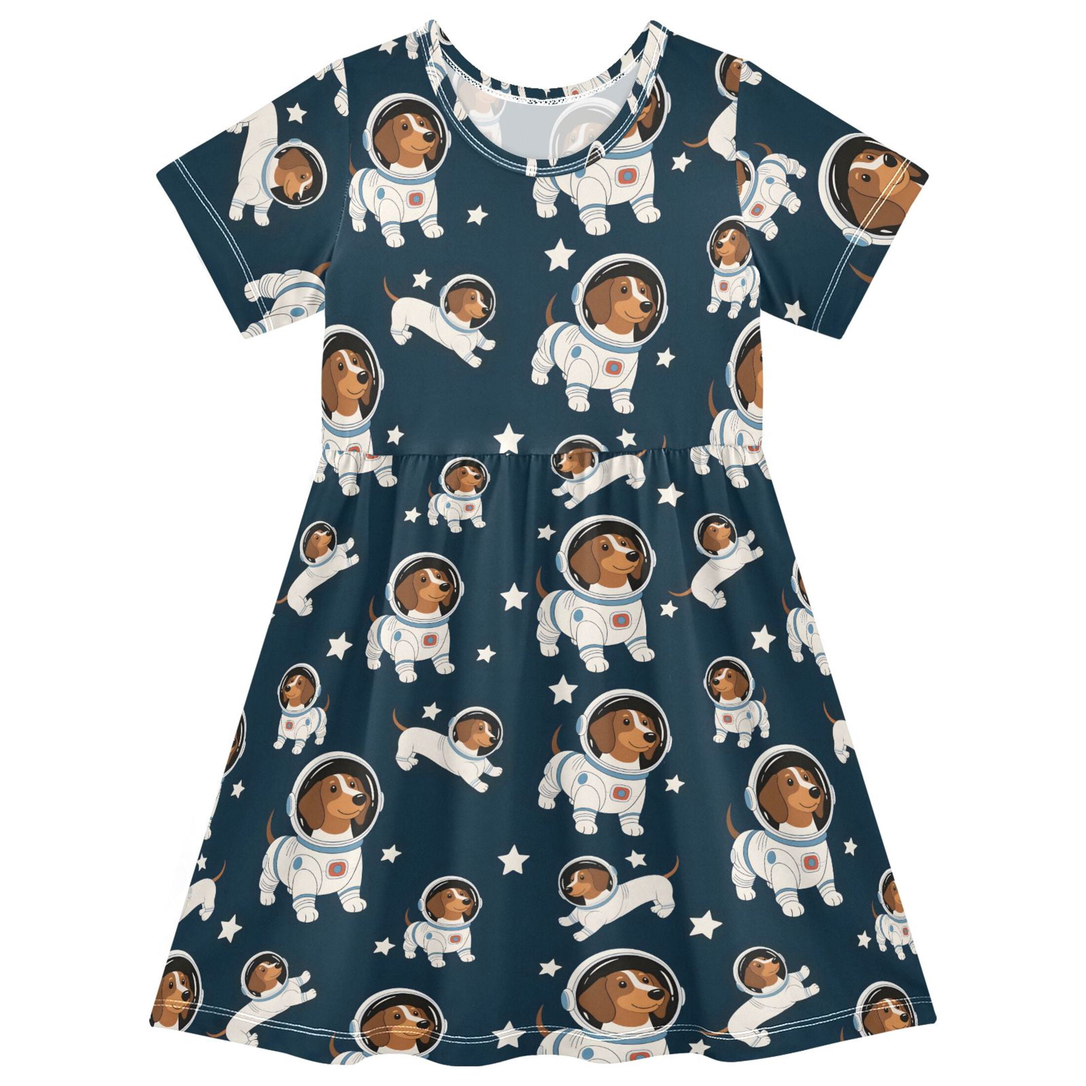 Space Dachshund Short Sleeve Dress A-Line Cute Midi Casual Sundress 2-8 ...