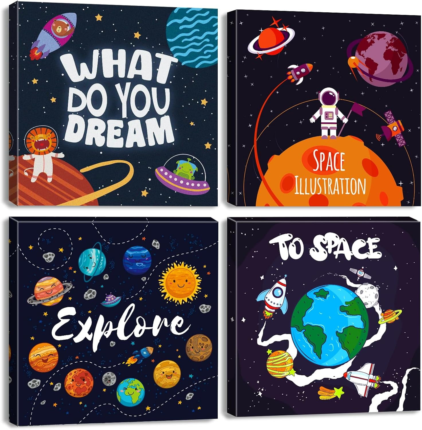 Space Deocr for Boys Room Outer Space Theme Canvas Wall Art Cartoon ...