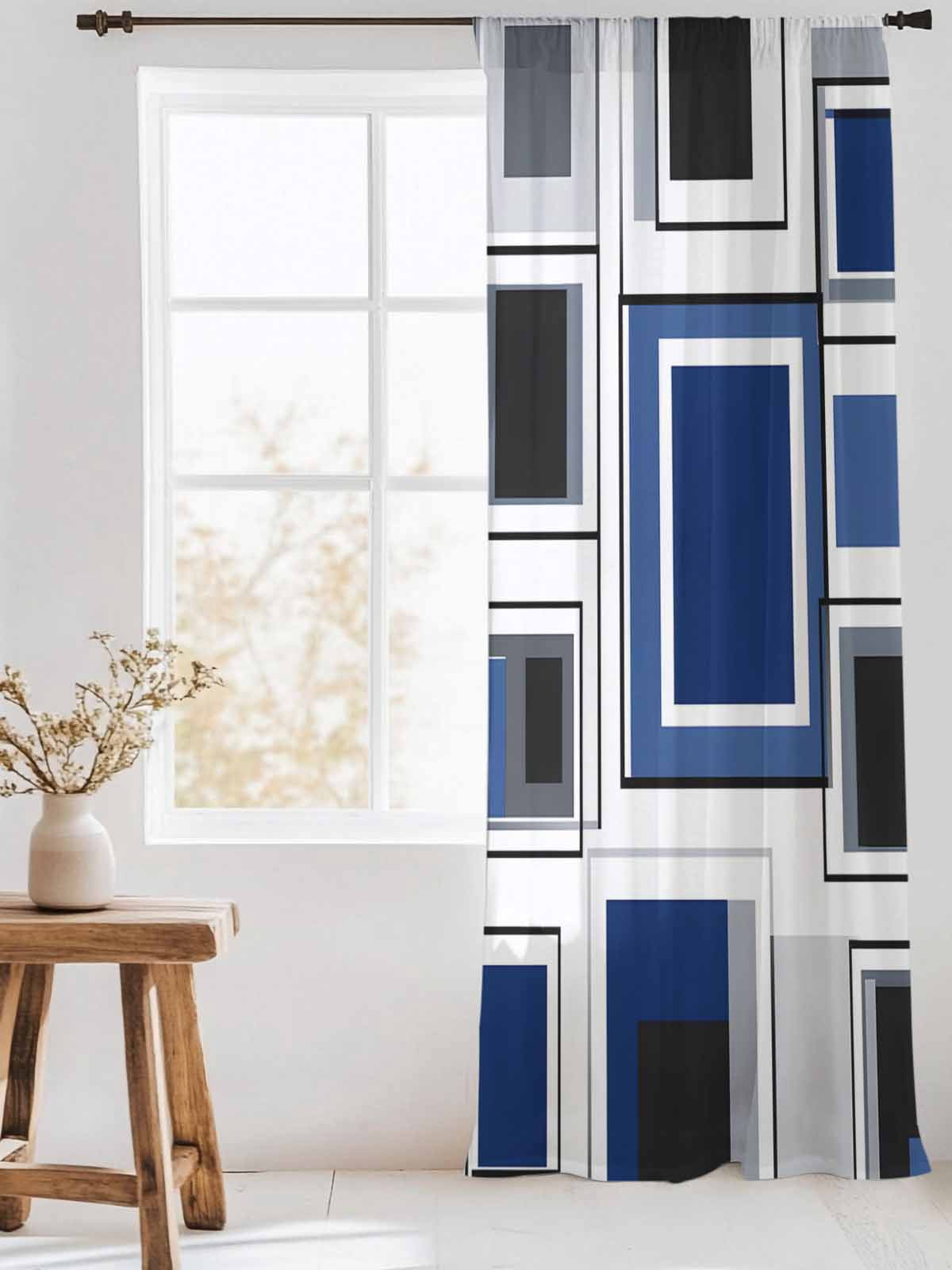 Space Design Sense Sheer Curtains 108 Inch Long 1 Panel Grey Blue Line ...