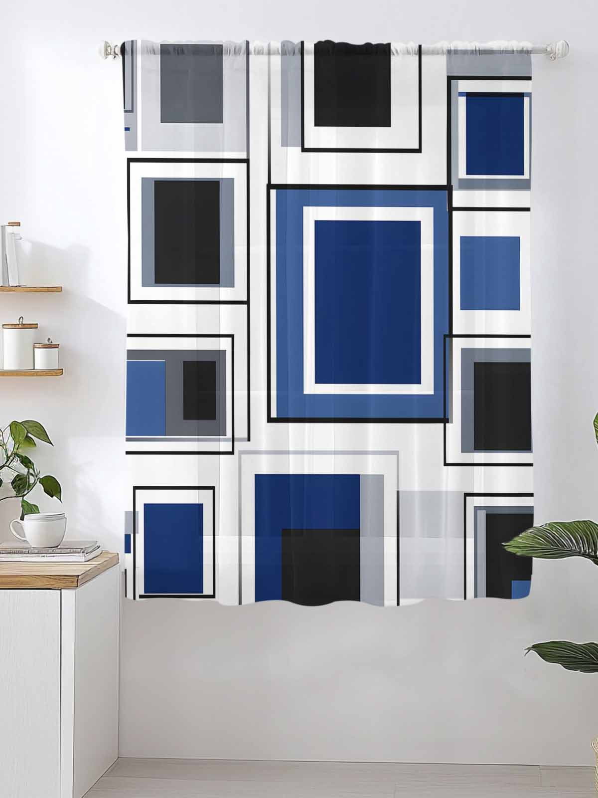 Space Design Sense Sheer Curtains 63 Inch Long 1 Panel Grey Blue Line ...
