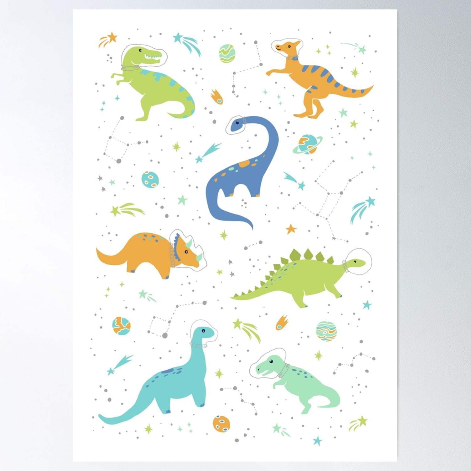 Space Dinosaurs In Orange + Blue Poster Wall Art, Modern Wall Decor ...