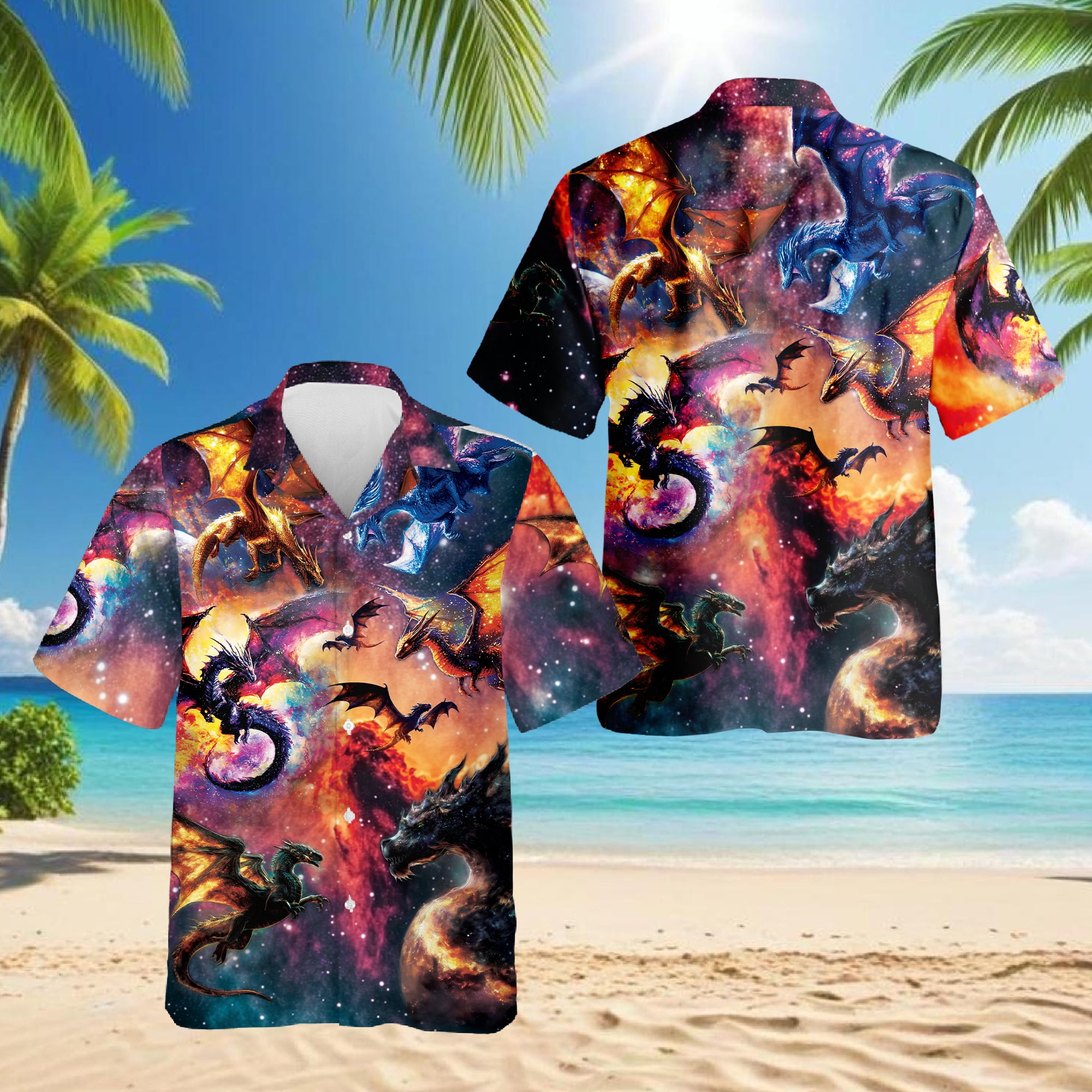 Space Dragon Hawaiian Shirt for Men, Button Down Summer Beach Short ...