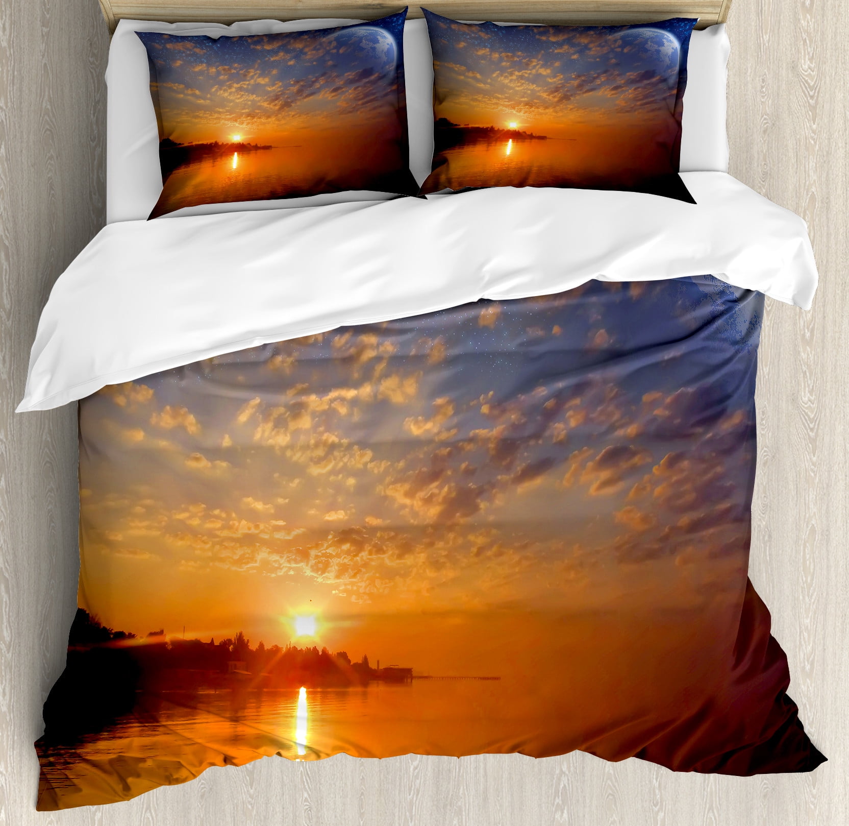 Space Duvet Cover Set, Exquisite Skyline with Planet Reflection and ...