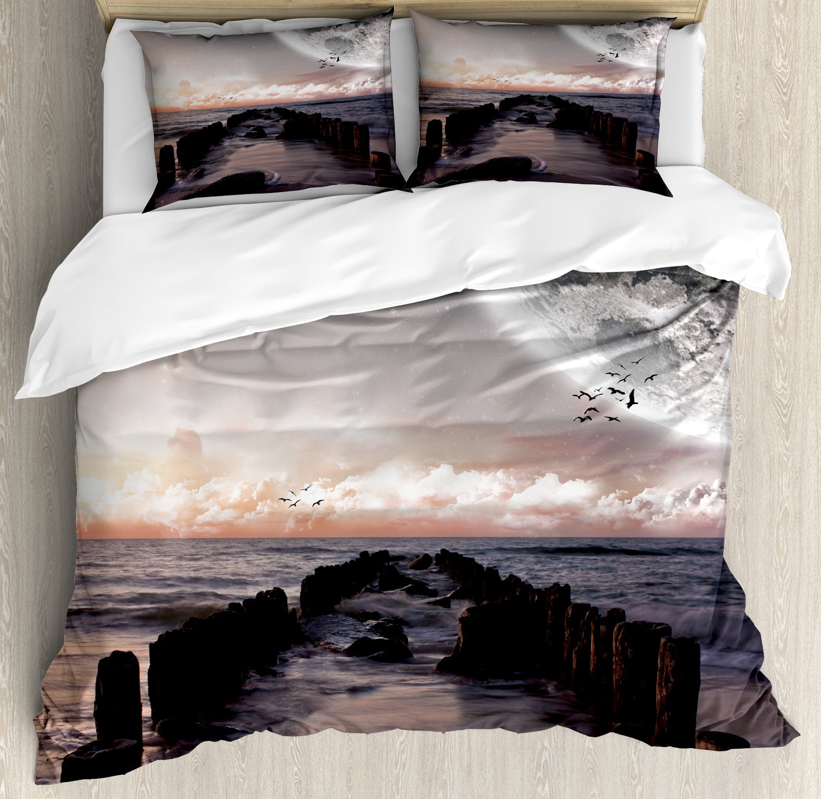 Space Duvet Cover Set, Moon Fantasy Planet Beach with Old Pier with Sea ...