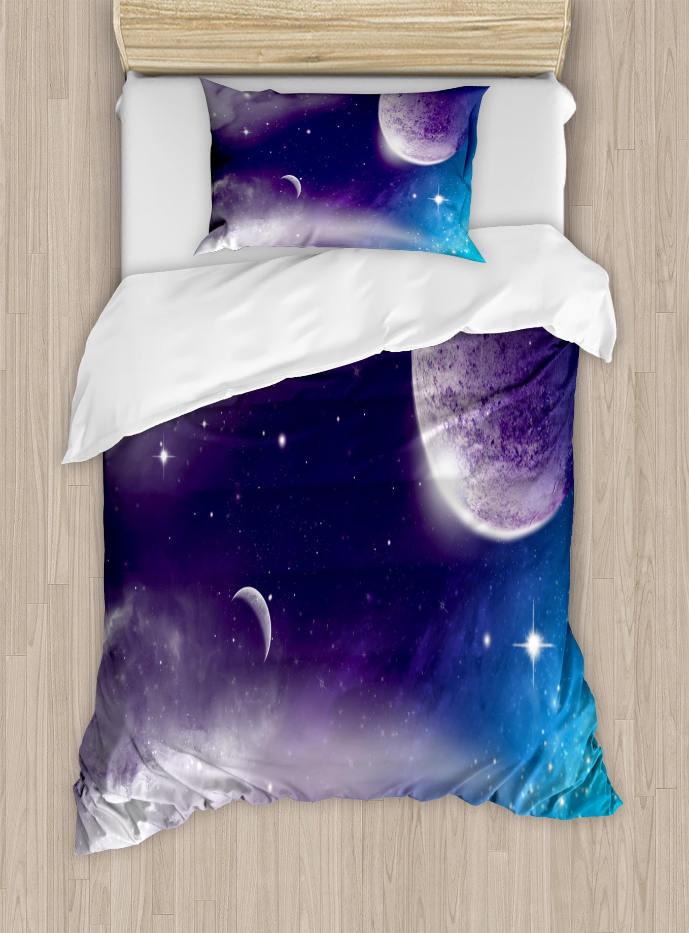 Space Duvet Cover Set, Universe with Planet and Crescent Moon on Starry ...