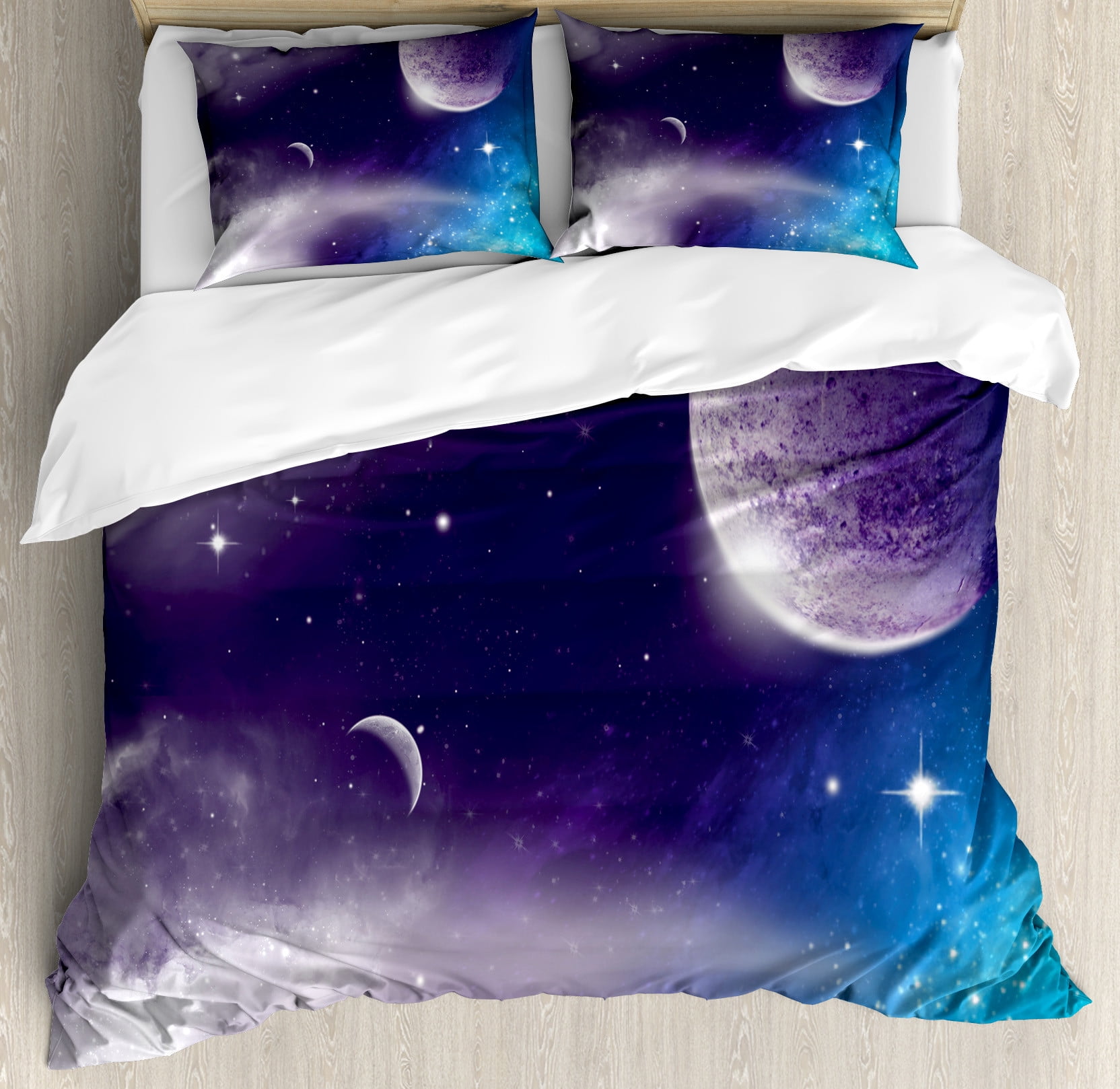 Space Duvet Cover Set, Universe with Planet and Crescent Moon on Starry ...