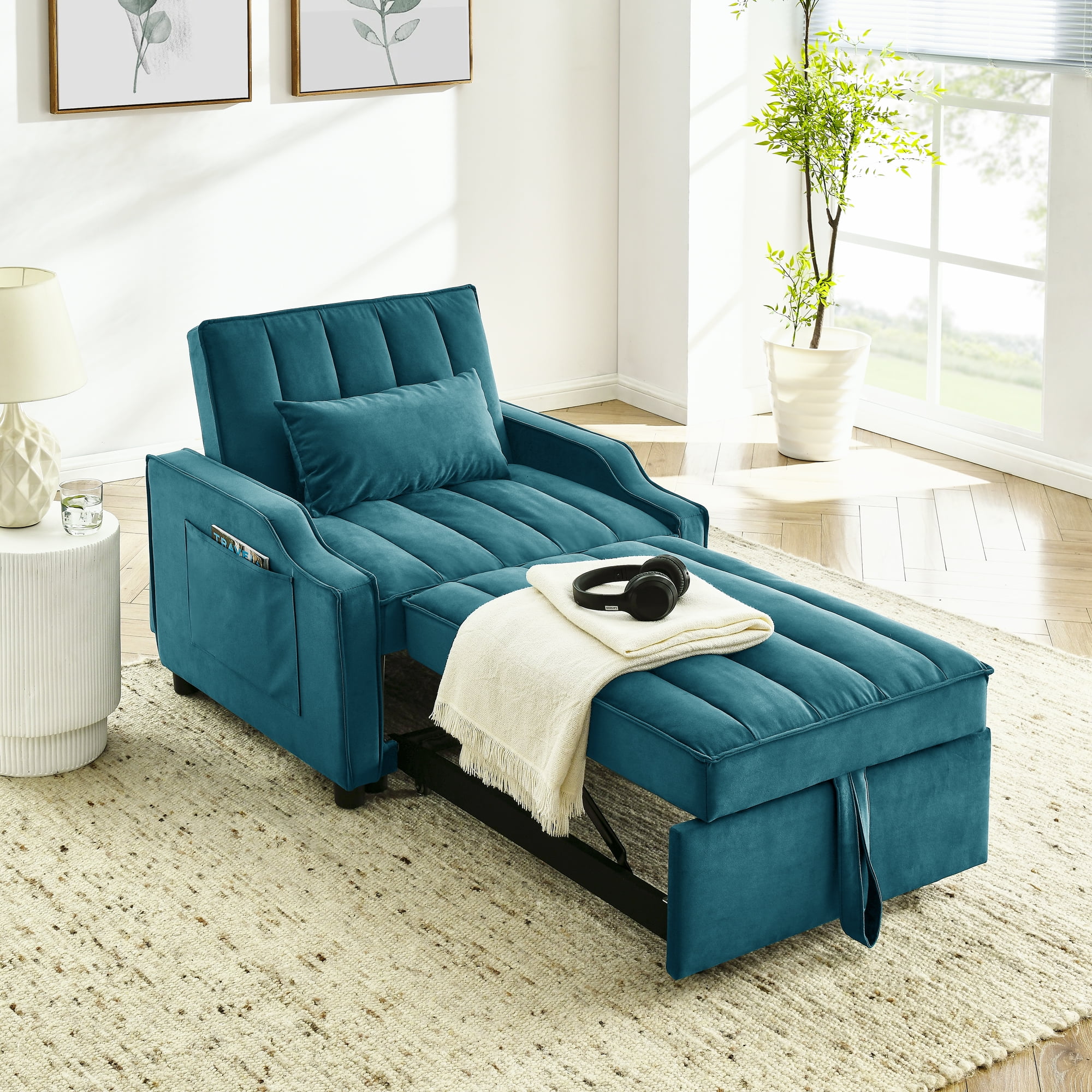 Space-Efficient Design High-Quality Velvet Convertible Chair Guest Bed ...
