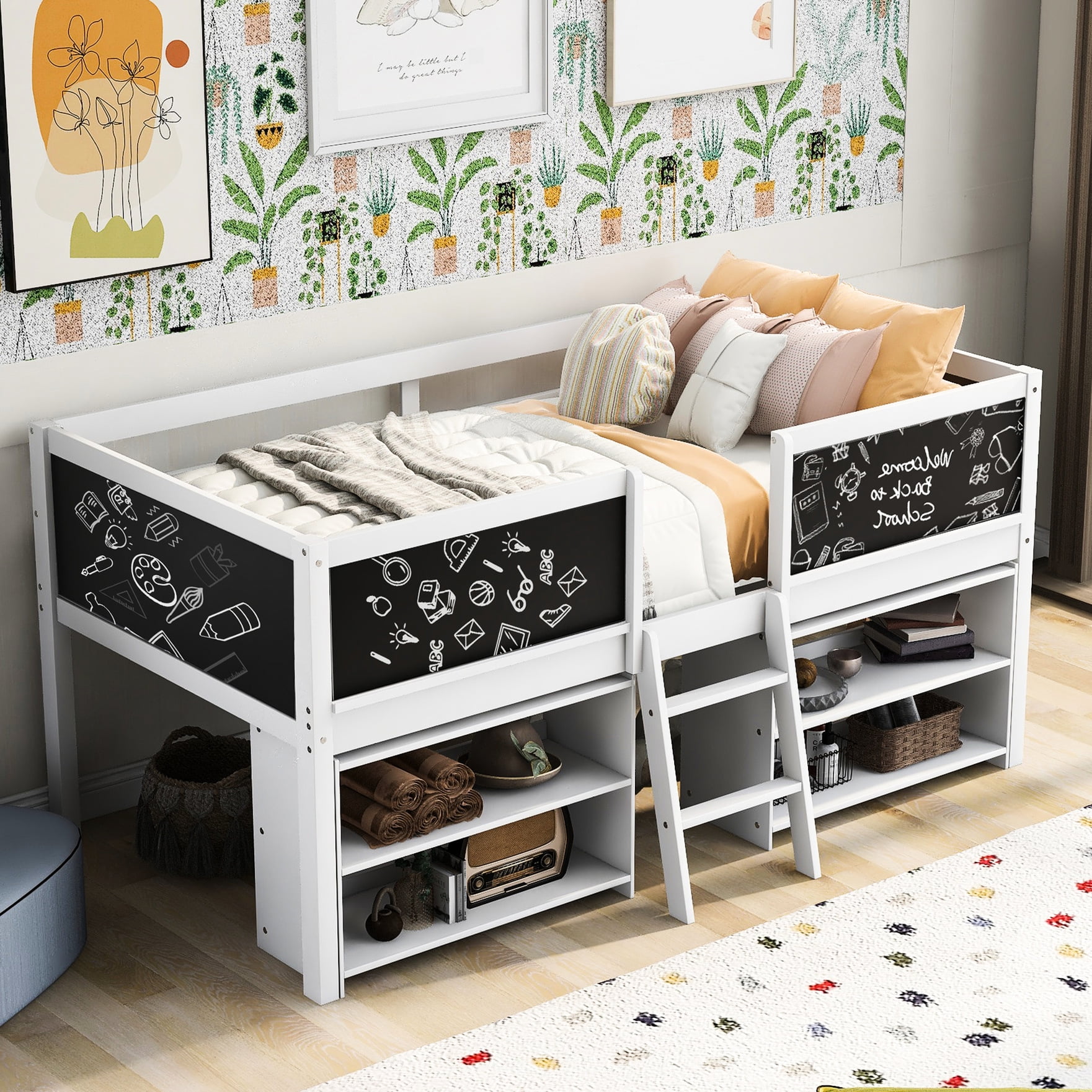 Space Efficient Twin Low Loft Bed With Movable Shelves, And Chalkboard ...