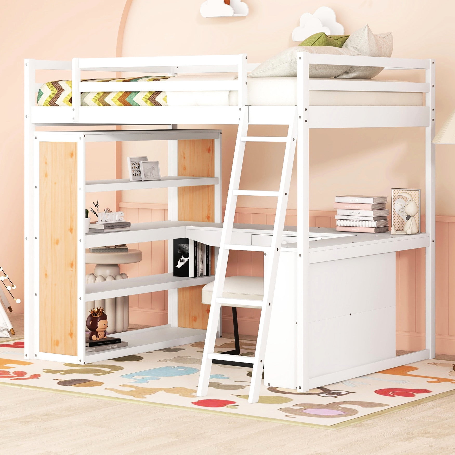 Space Expanding Full Size Loft Bed In White, With , Shelves, Desk White ...