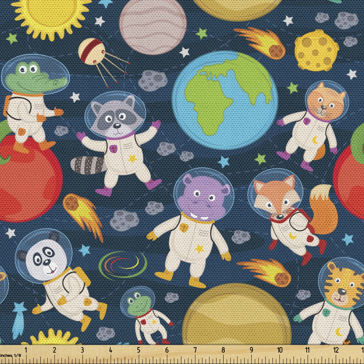 Space Fabric by the Yard, Funny Astronauts Flying in the Cosmic Outer ...