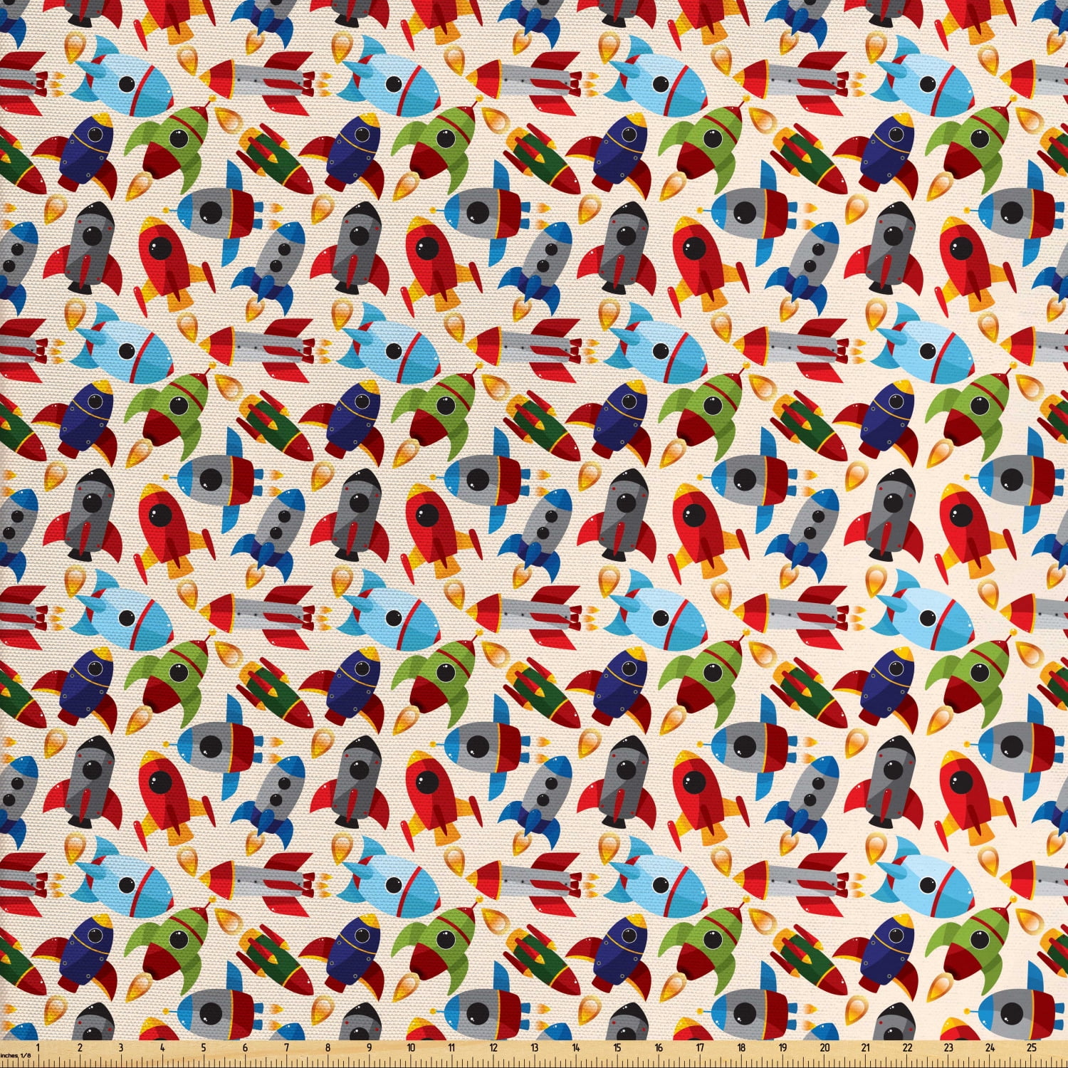 Space Fabric by the Yard Upholstery, Spaceship Pattern with Cartoon Art ...