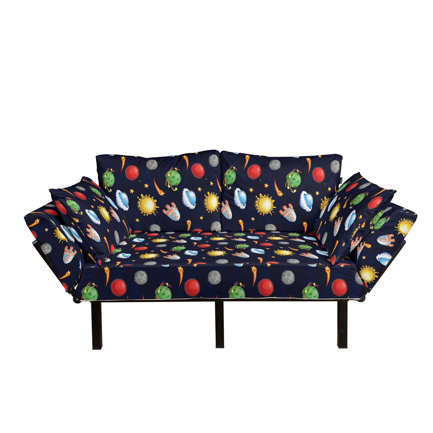 Space Futon Couch, Cartoon Style Cosmos Themed Illustration Sun with ...