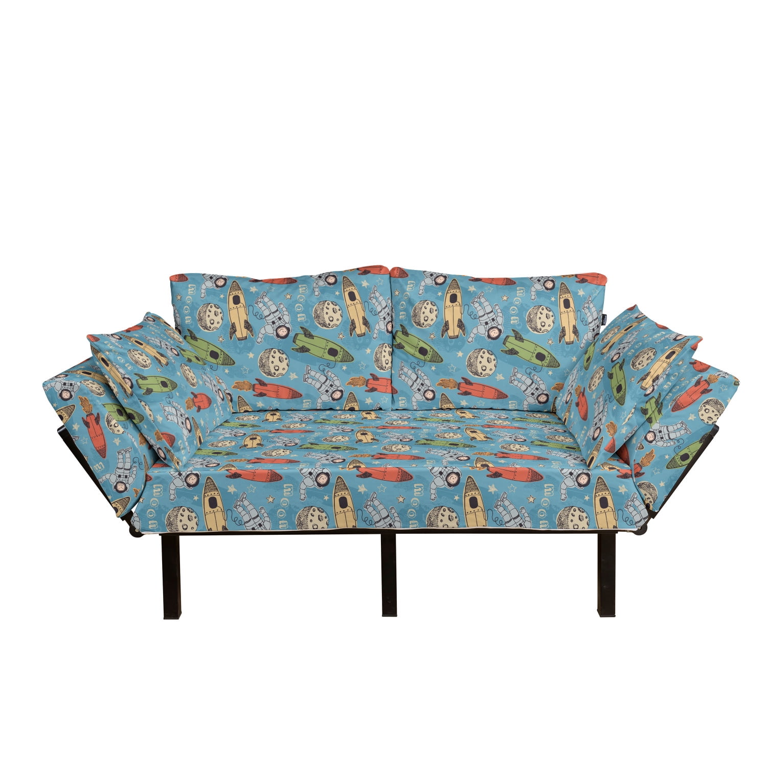 Space Futon Couch, Hand Drawn Astronauts with Rockets and Moon People ...