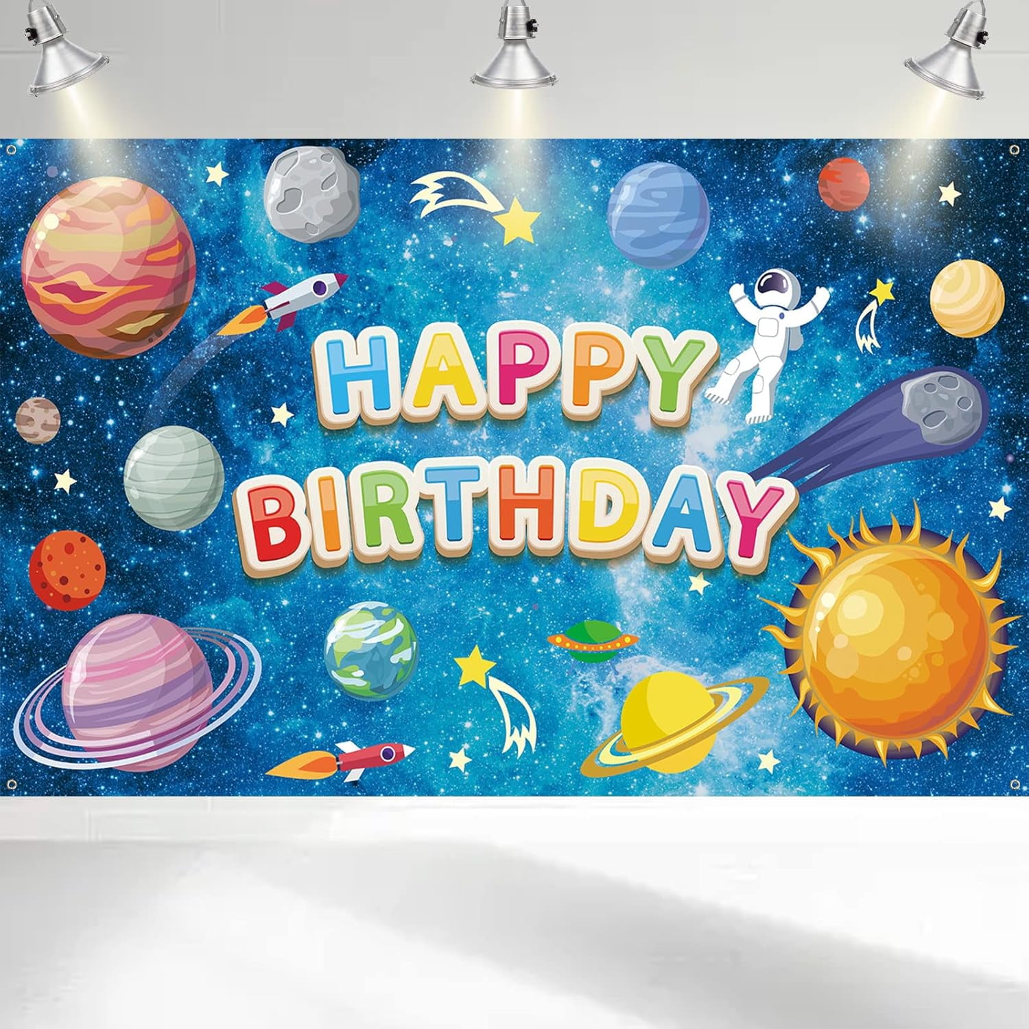 Space Happy Birthday Backdrop Banner for Boys, Large Blue Outer Space ...