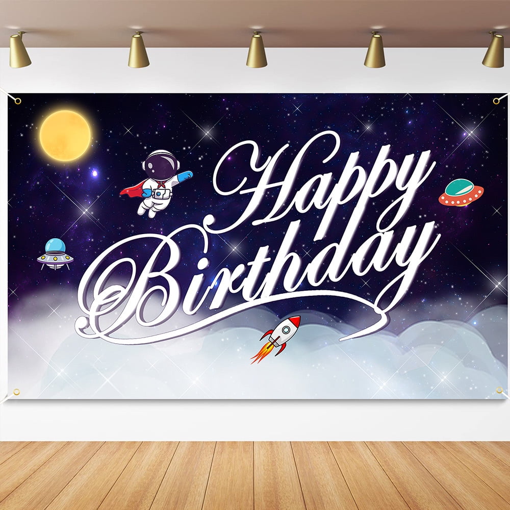 Space Happy Birthday Decorations Background Astronaut Rocket Backdrop ...